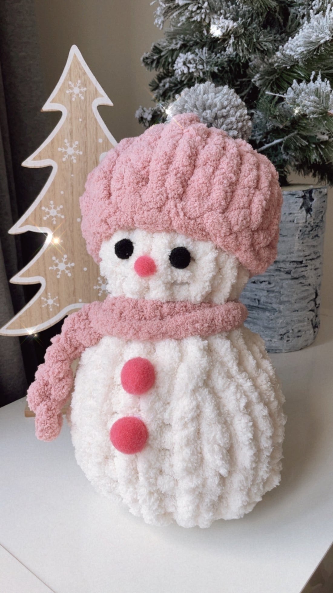 Cozy Chenille Snowman with Blush Pink Hat - Handmade Snowgirl – Off By ...